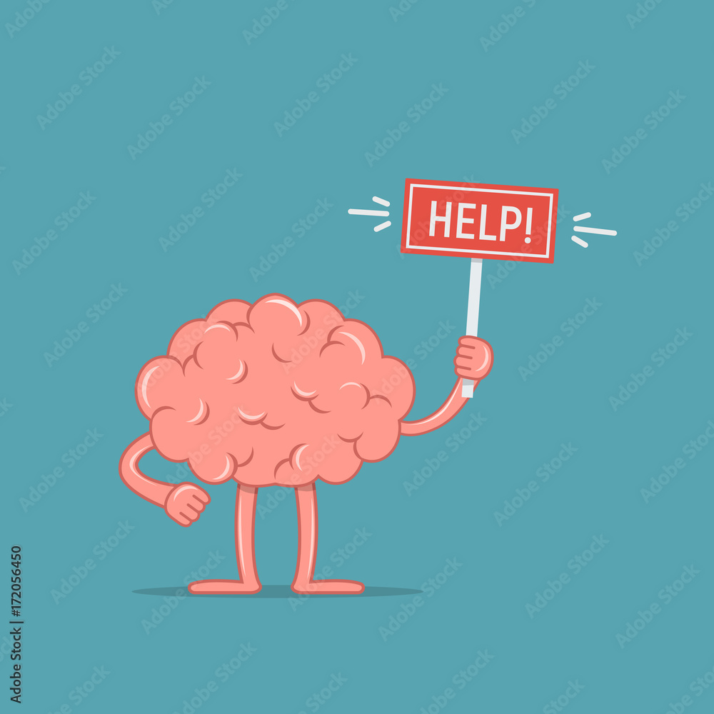 Cartoon character brain holding placard with the word Help. Concept ...