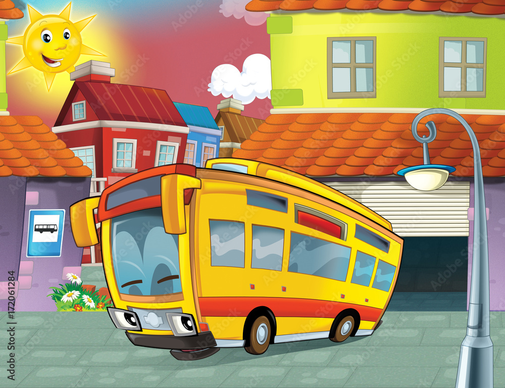 cartoon funny looking bus parking near the garage - illustration for ...