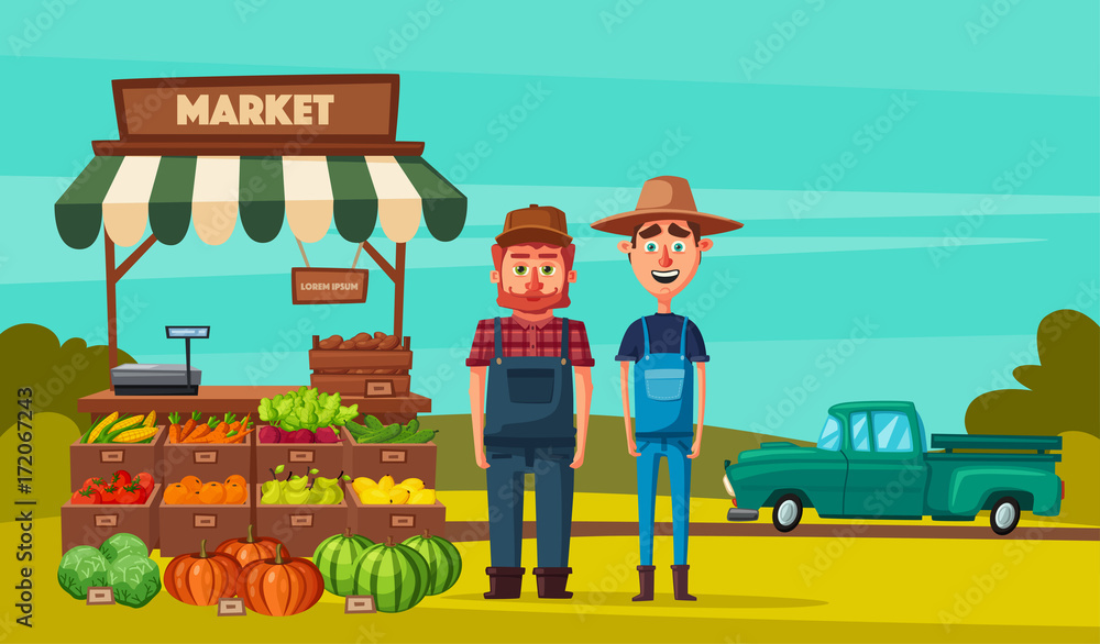Farm shop. Local stall market. Selling vegetables. Cartoon vector ...
