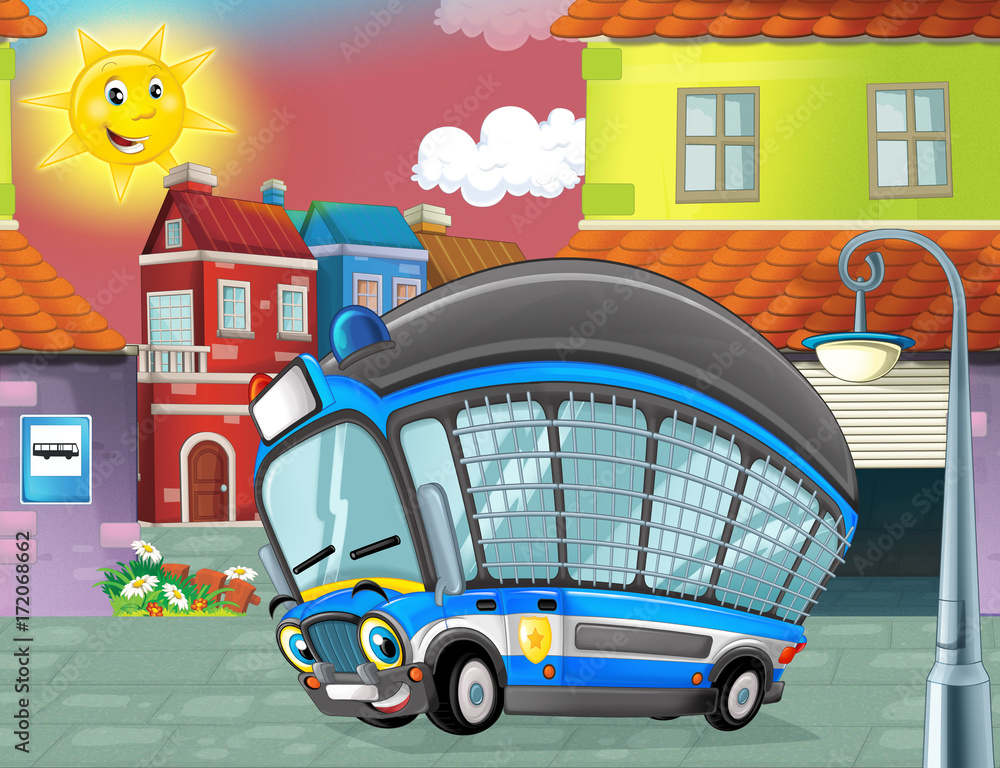 cartoon funny looking bus parking near the garage - illustration for ...