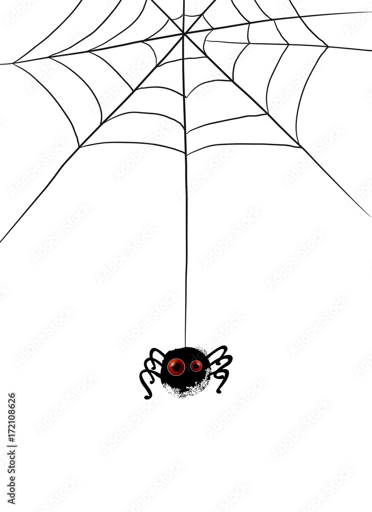 Funny spider cartoon hanging on a string with cobwebs. Vector ...