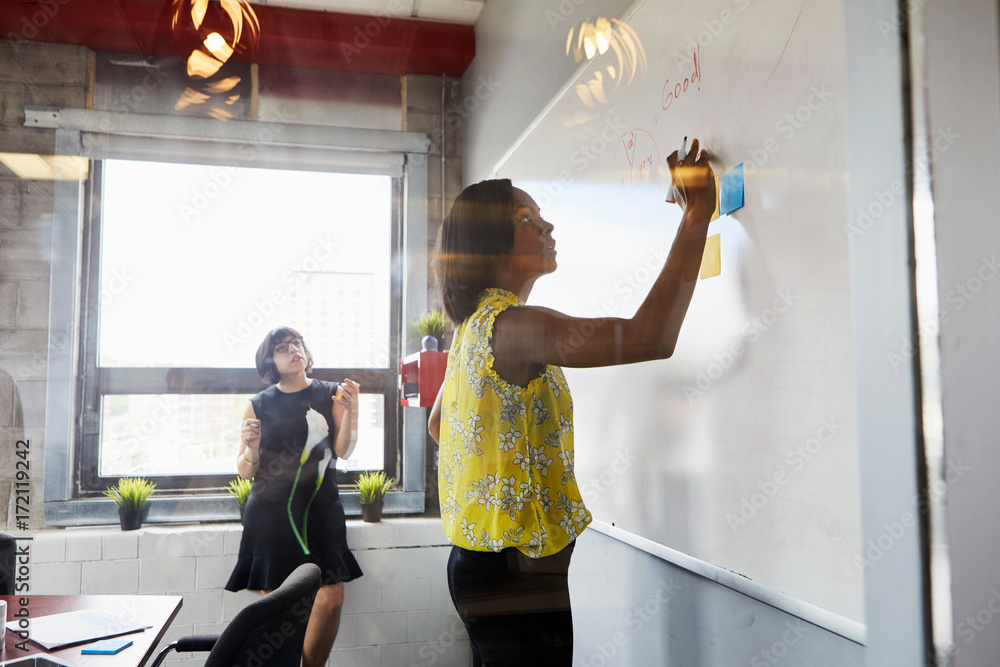 Two women in office, solving problem, using whiteboard, sticky notes ...