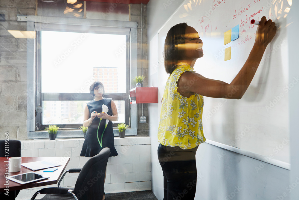 Two women in office, solving problem, using whiteboard, sticky notes ...