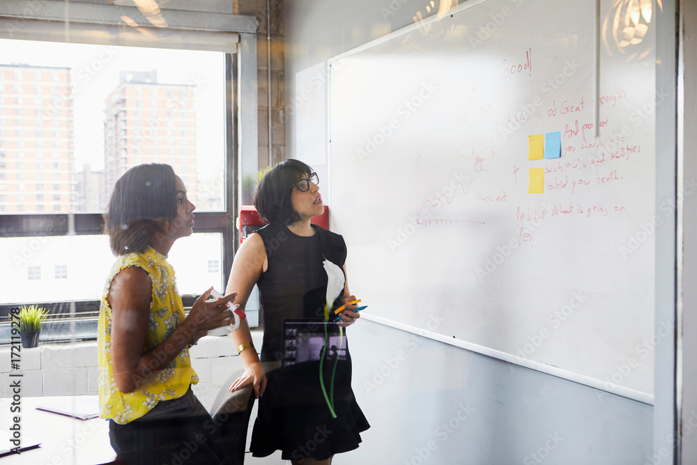 Two women in office, solving problem, using whiteboard, sticky notes ...