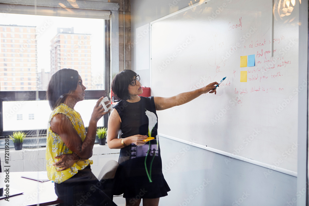 Two women in office, solving problem, using whiteboard, sticky notes ...