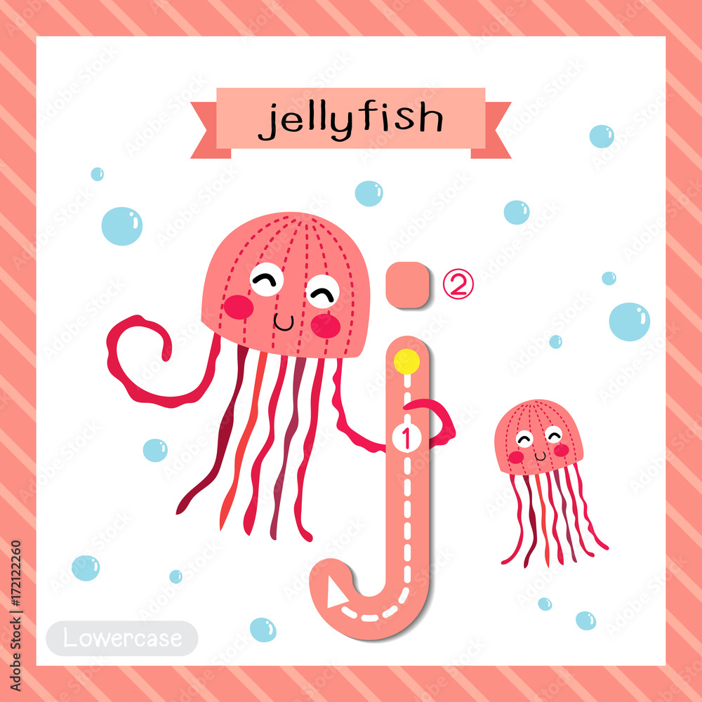 Letter J lowercase cute children colorful zoo and animals ABC alphabet tracing flashcard of Pink ...