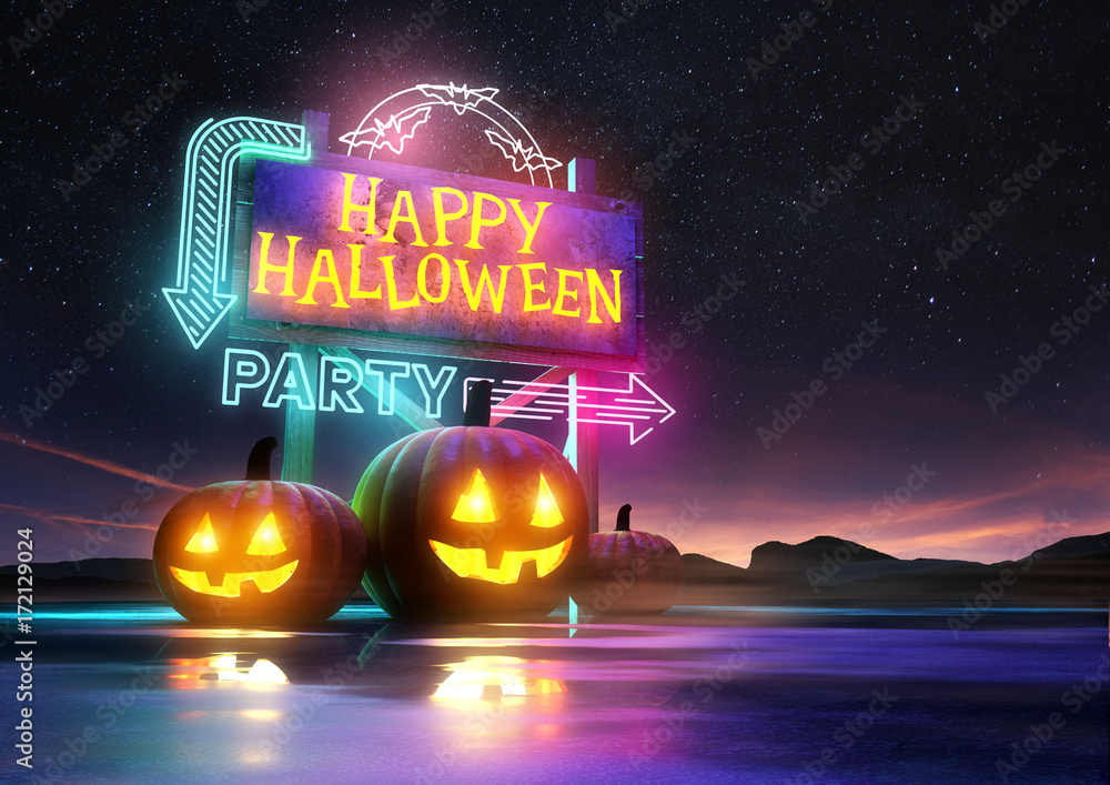 Halloween party background design with glowing signs and pumpkins. 3D ...