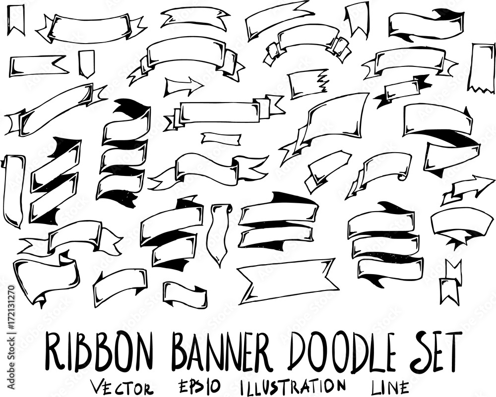 Set of ribbon banner doodle illustration Hand drawn Sketch line vector ...