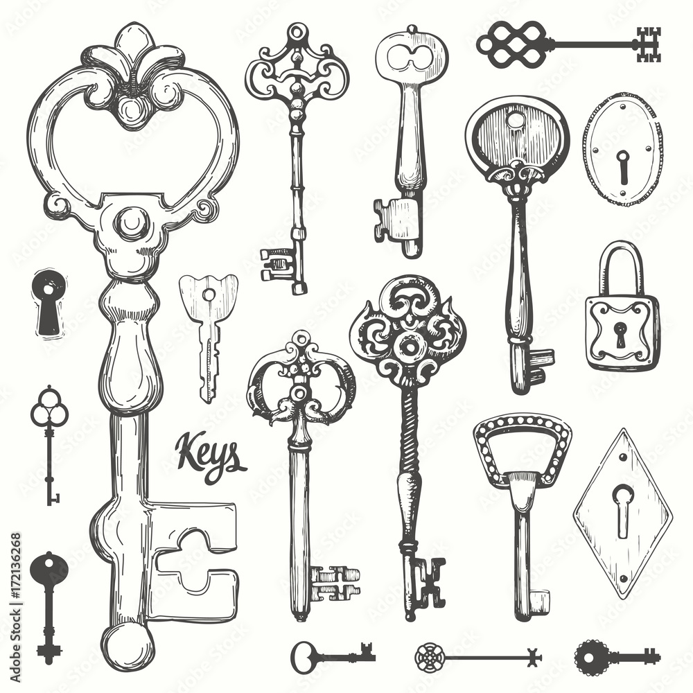Vector set of hand-drawn antique keys. Illustration in sketch style on ...
