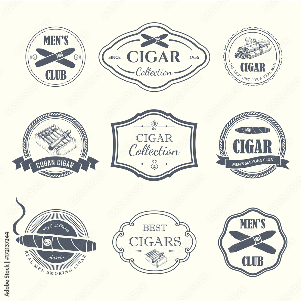 Vector Illustration with logo and labels. Simple symbols tobacco, cigar ...