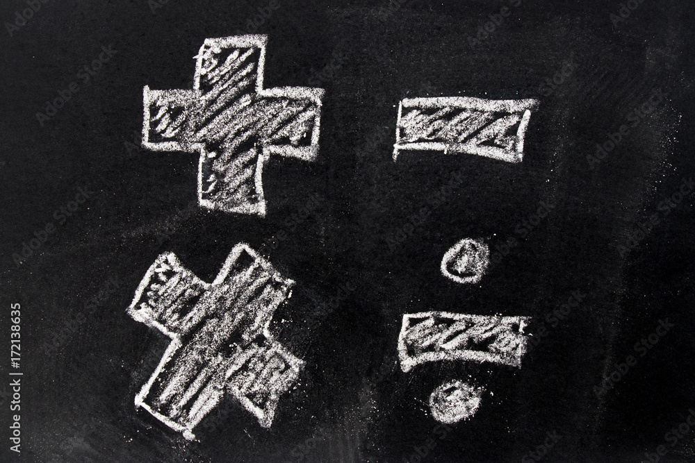White chalk drawing in basic mathematics symbol (plus minus multiply ...