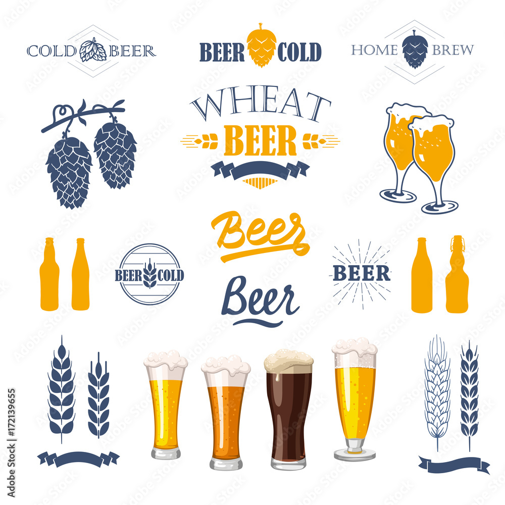 Vector Illustration with beer pub logo and labels. Simple symbols glass ...