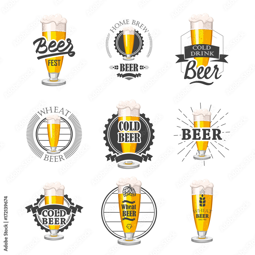 Vector Illustration with beer pub logo and labels. Simple symbols glass ...
