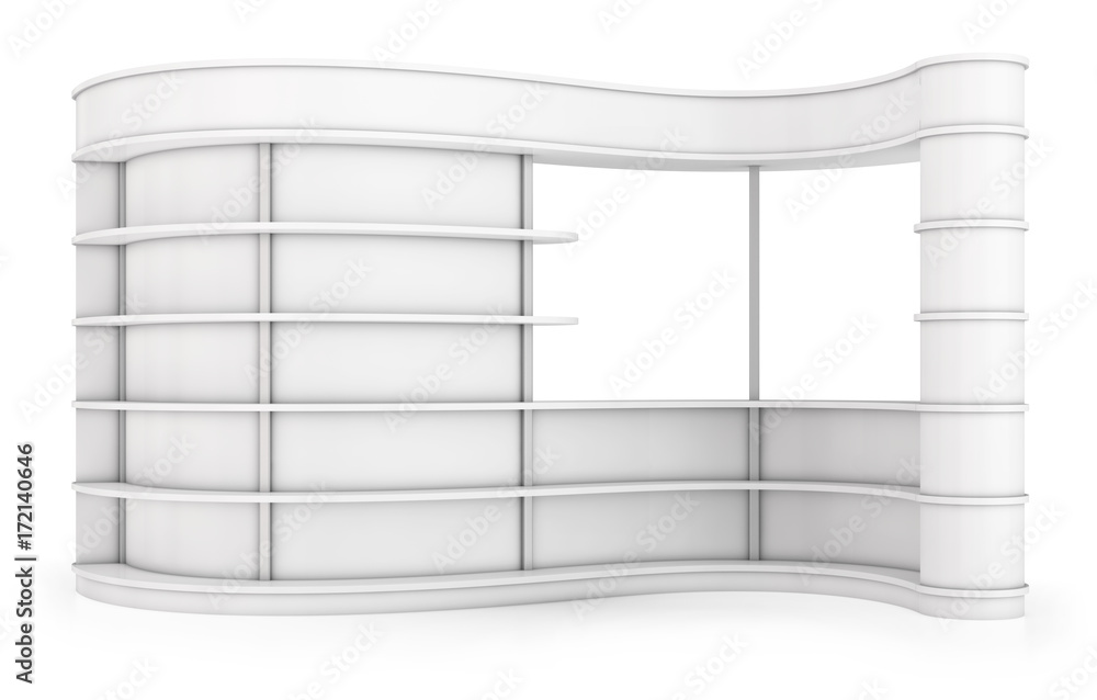 Curved shelving with shelves for exhibitions and sales. 3d images set ...