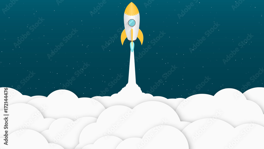 Yellow cartoon rocket. Background for your projects. White clouds ...