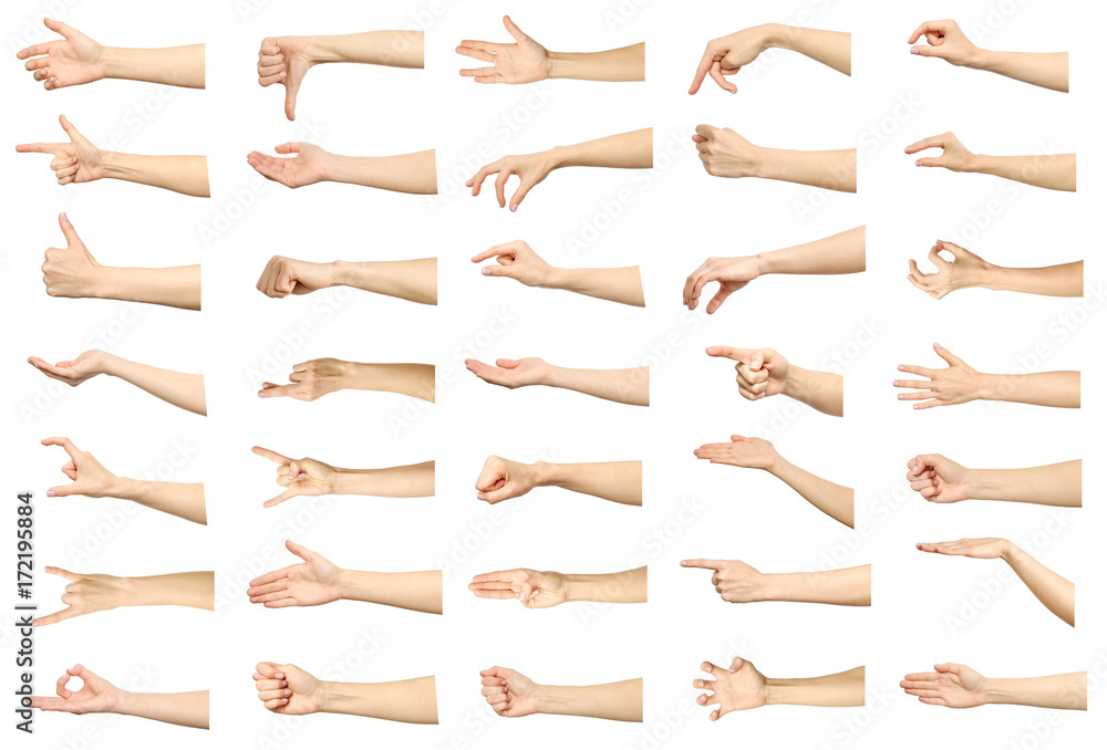 Multiple images set of female caucasian hand gestures isolated Stock ...