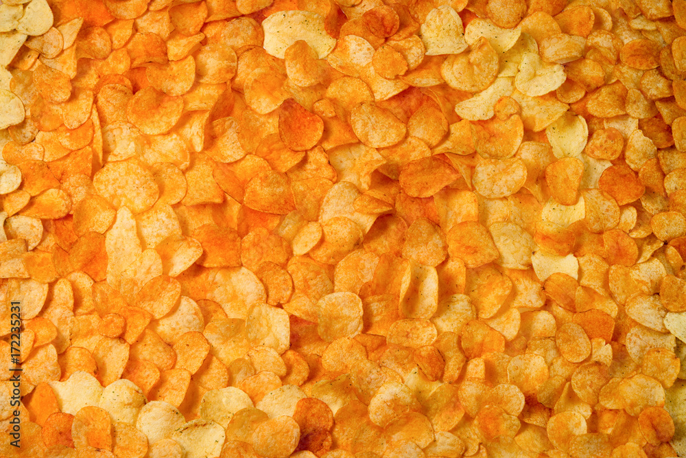 Chips potato texture. Large background of golden chips Stock Photo ...