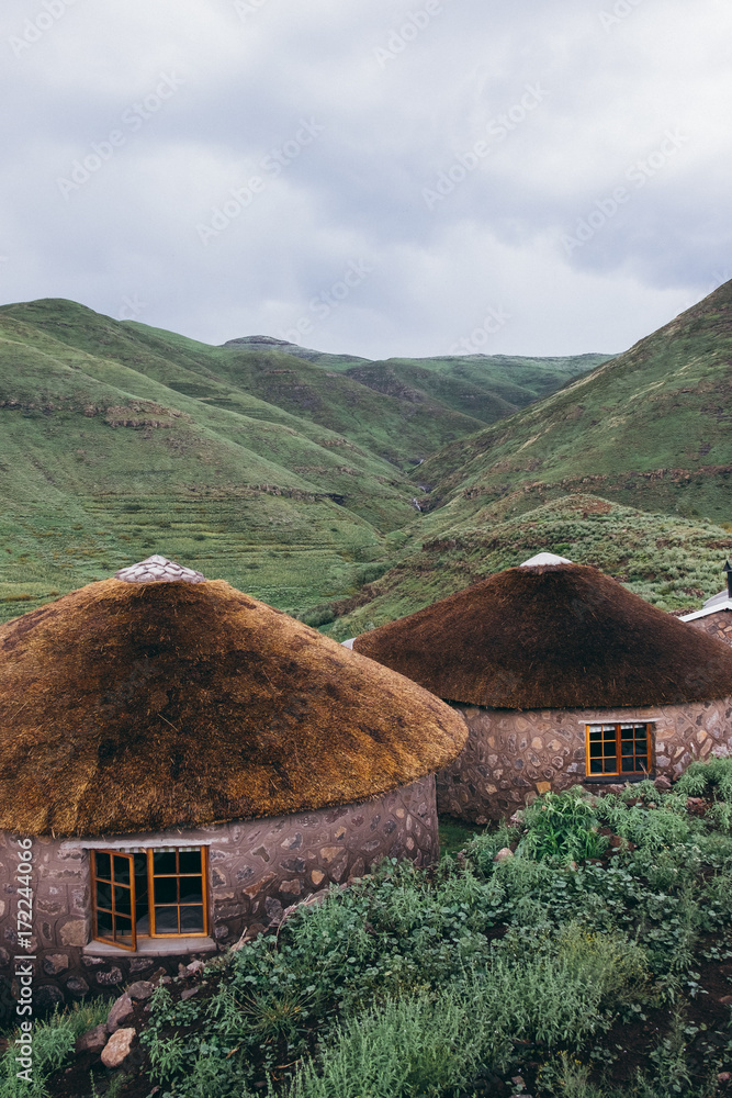 Rural stone and thatch huts in Lesotho Stock Photo | Adobe Stock