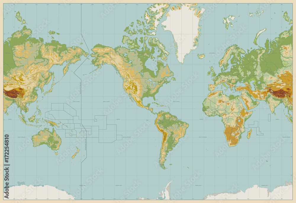 Vintage Color America Centered Physical World Map. No text Stock Vector ...
