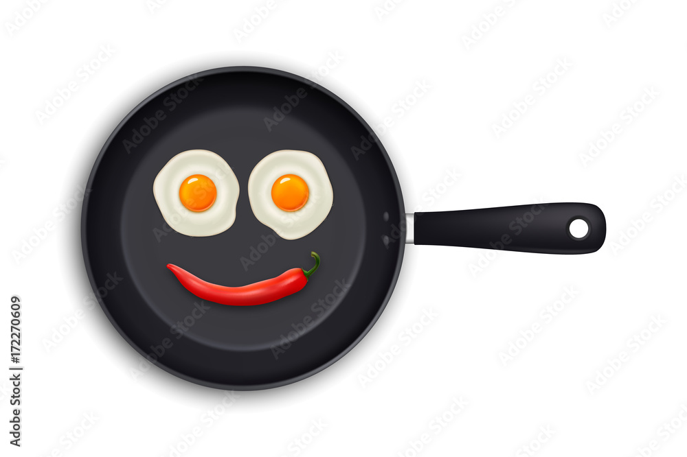 Two realistic fried eggs and red hot chili pepper laid out in the form ...