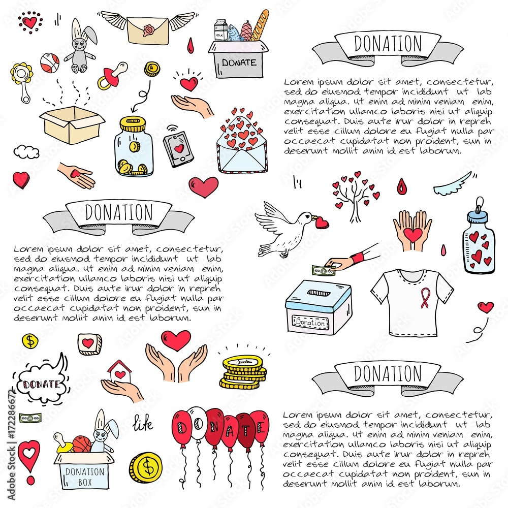 Hand drawn doodle Donation icons set. Vector illustration. Charity ...