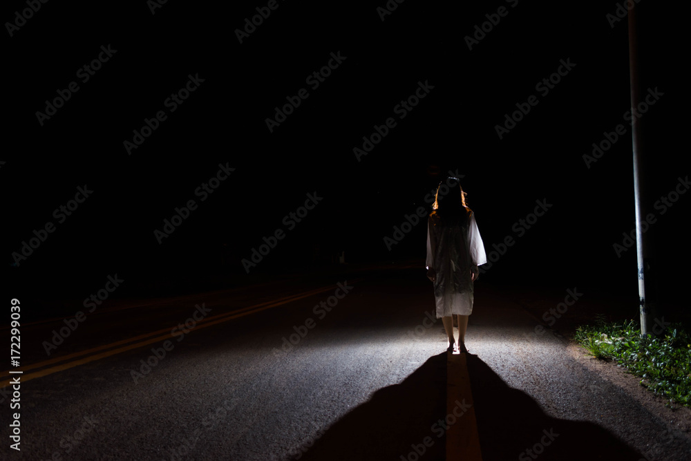 Mysterious Woman, Horror scene of scary ghost woman standing outdoor on ...