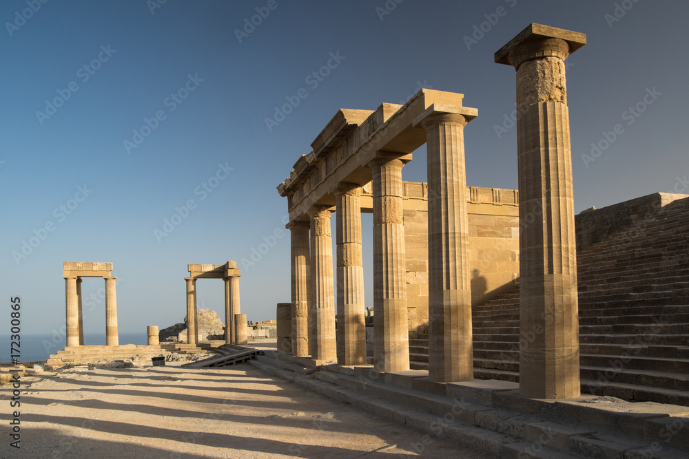 Colonial columns in the Doric style in the Acropolis of Lindos Stock ...