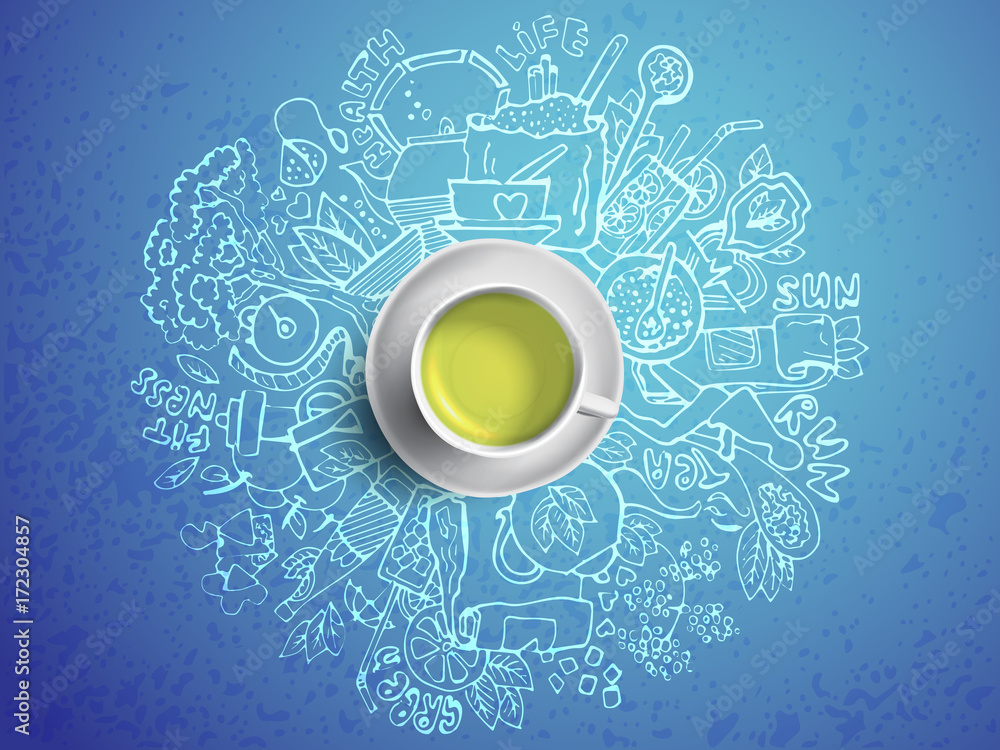 Realistic cup of green tea with circle doodles. Sketched green tea ...