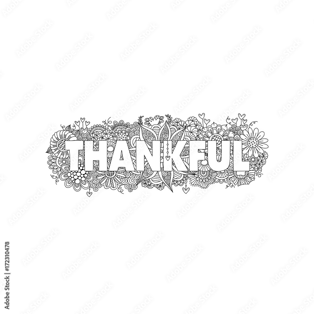 Thankful black and white doodle vector illustration with the word happy ...