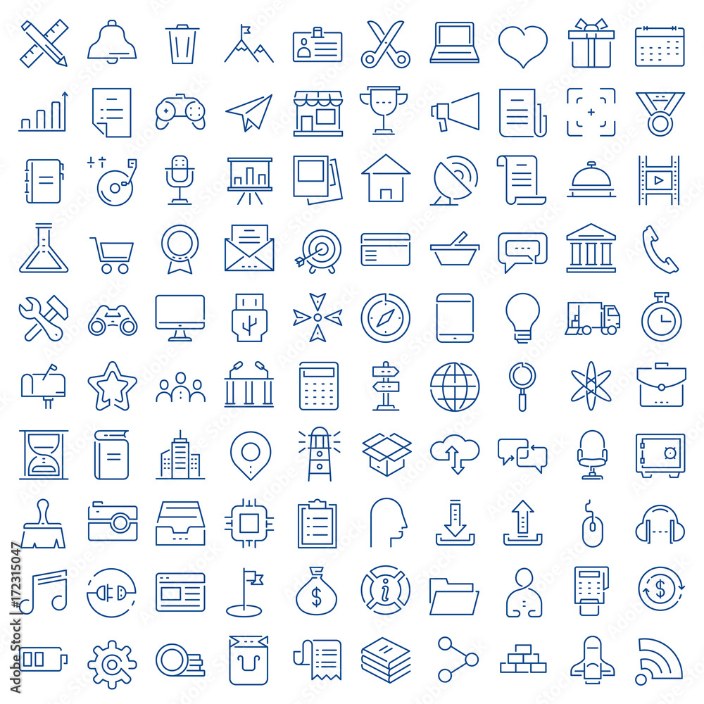Set of 100 vector linear thin icons related of media market service and ...
