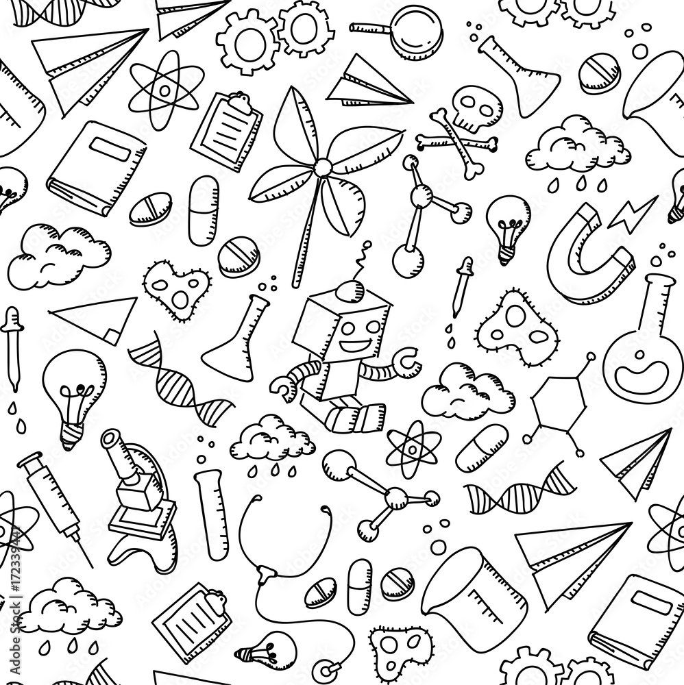Seamless pattern background Science Equipment kids hand drawing set ...