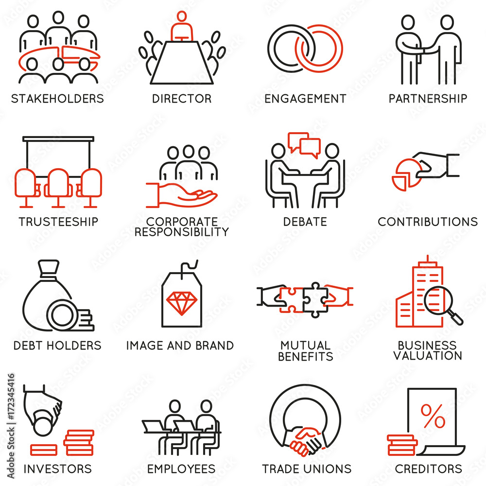 Vector set of linear icons related to business process, team work ...