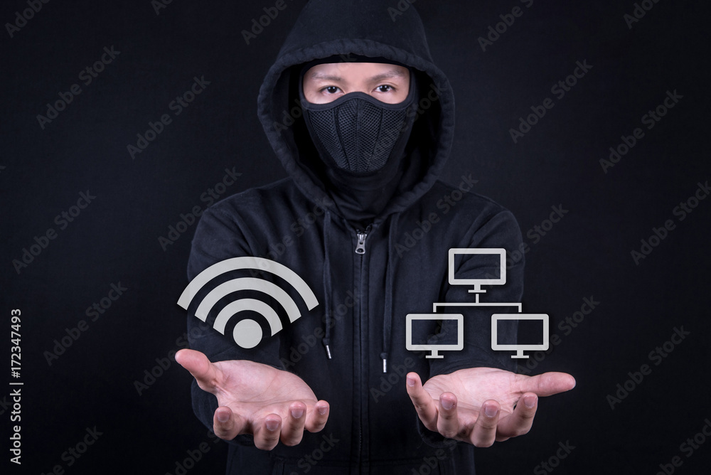 Hacker digital thief open palm gesture with wifi and network icon. Internet security and cyber ...