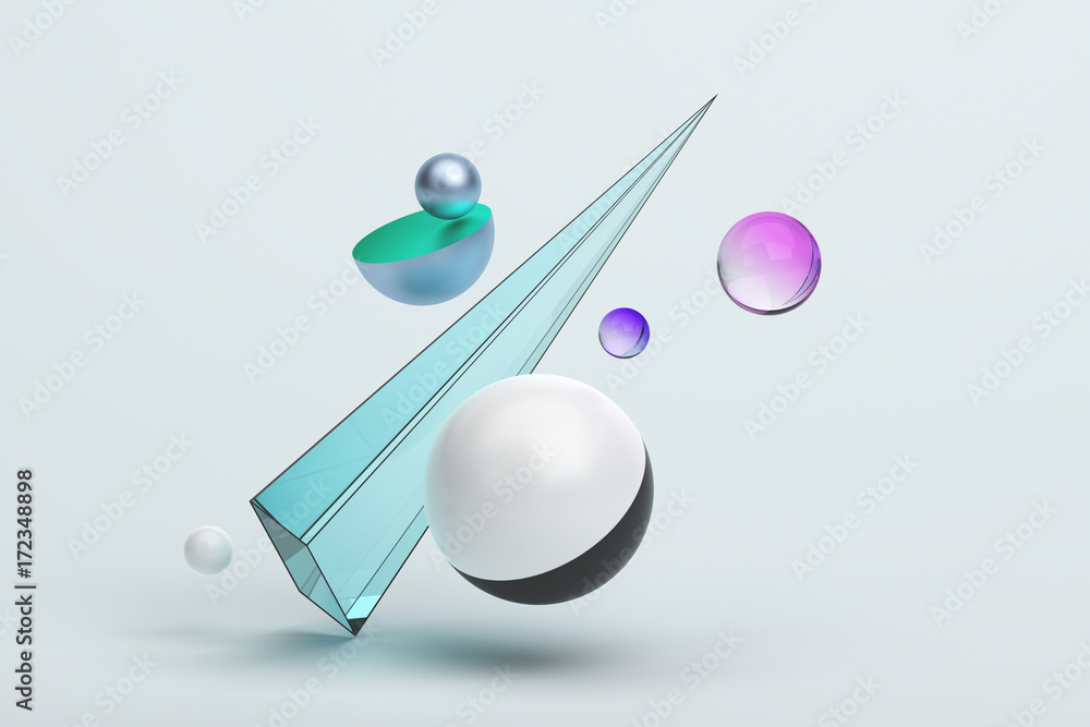 Abstract 3d rendering of geometric shapes. Composition with spheres ...