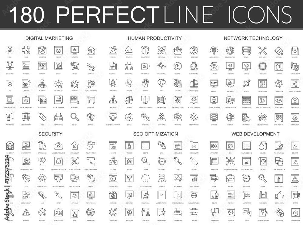 180 modern thin line icons set of digital marketing, human productivity ...