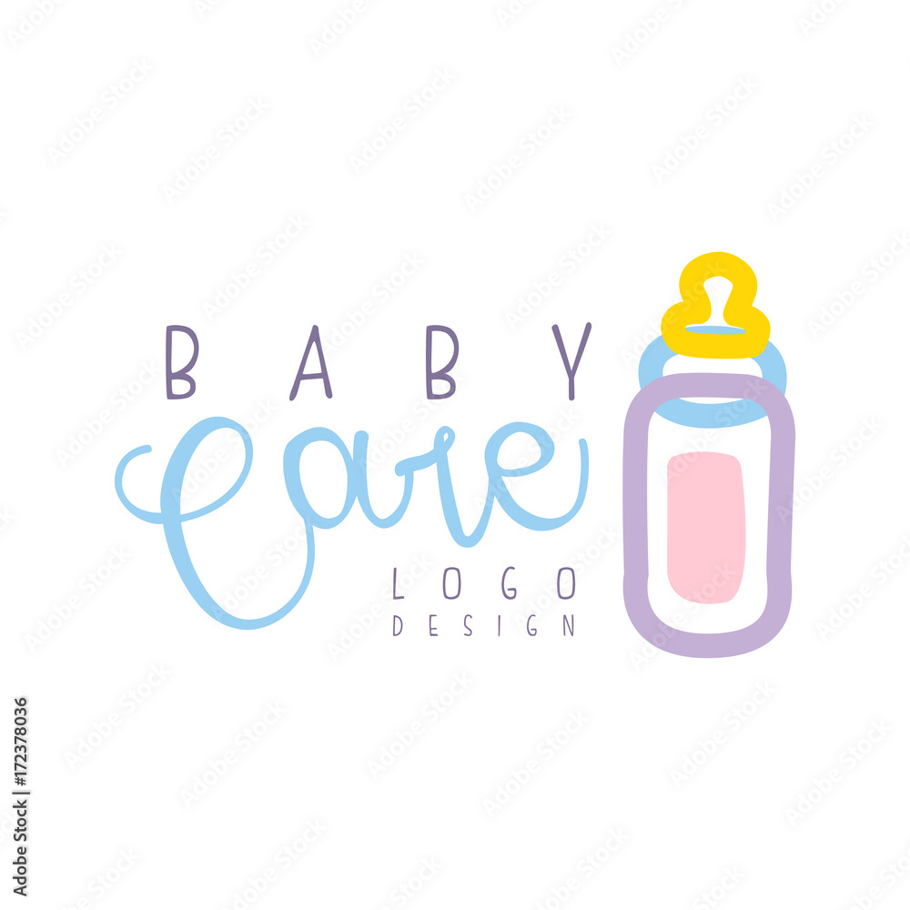 Baby care logo design, emblem with pink baby bottle, label for kids ...