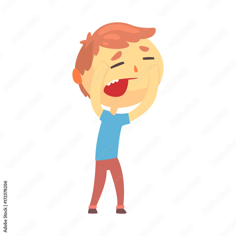Unhappy boy character touching his head suffering from headache cartoon ...