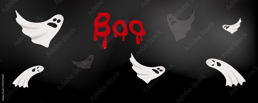 White cute and scary ghosts flying over dark fog background, Halloween ...
