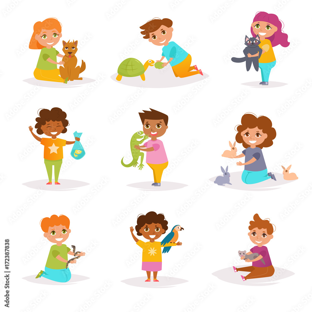 Children and their pets. Vector. Cartoon Stock Vector | Adobe Stock