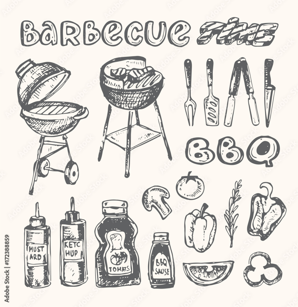Big Hand drawn doodle barbecue set. BBQ food Stock Vector | Adobe Stock