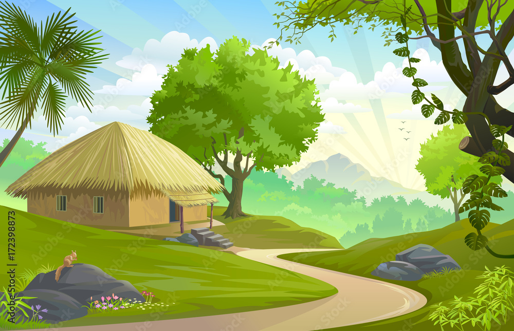 A hut by the road in the middle of a forest Stock Vector | Adobe Stock