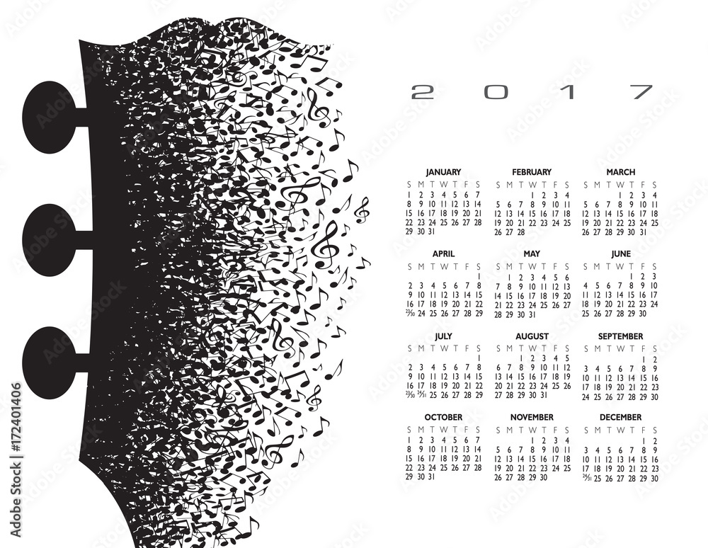 2018 calendar with a guitar headstock made of musical notes for print ...