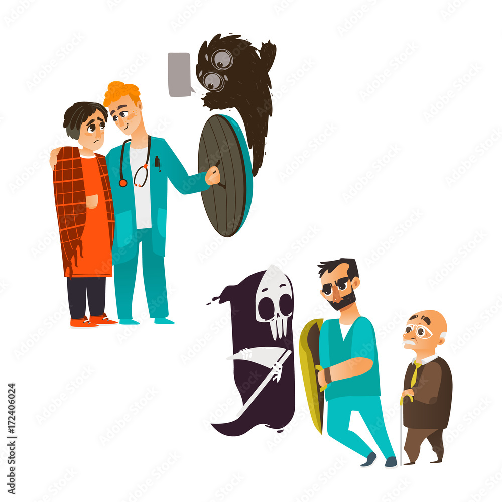 vector flat male doctor holding shield protecting male elder grey ...