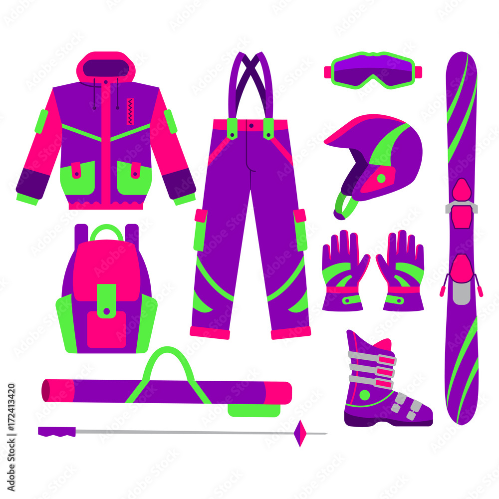 Big set of flat style skiing objects - jacket, pants, boot, goggle ...
