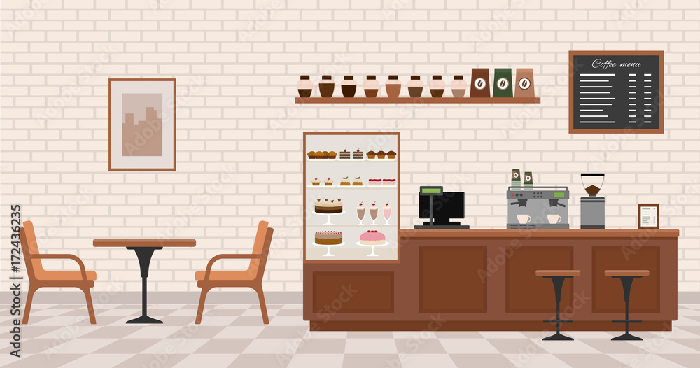 Empty cafe interior. Flat design vector illustration Stock Vector ...