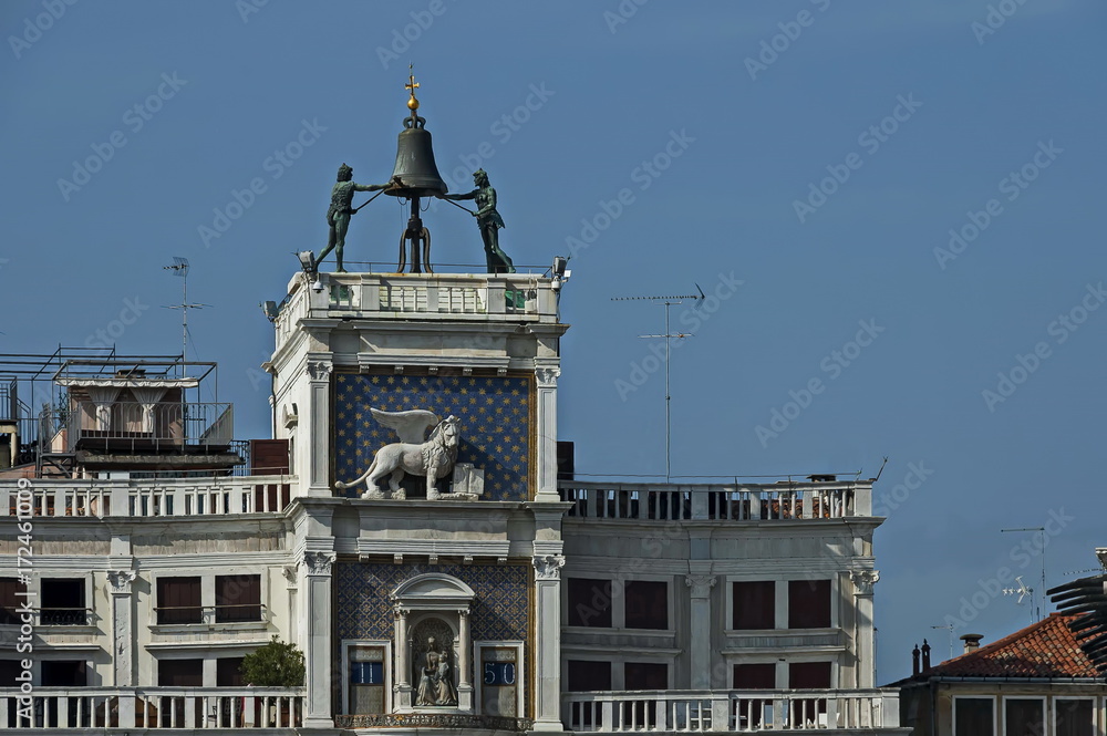 Column with lion of St Mark, symbol of imperial Venice, Zodiac clock ...