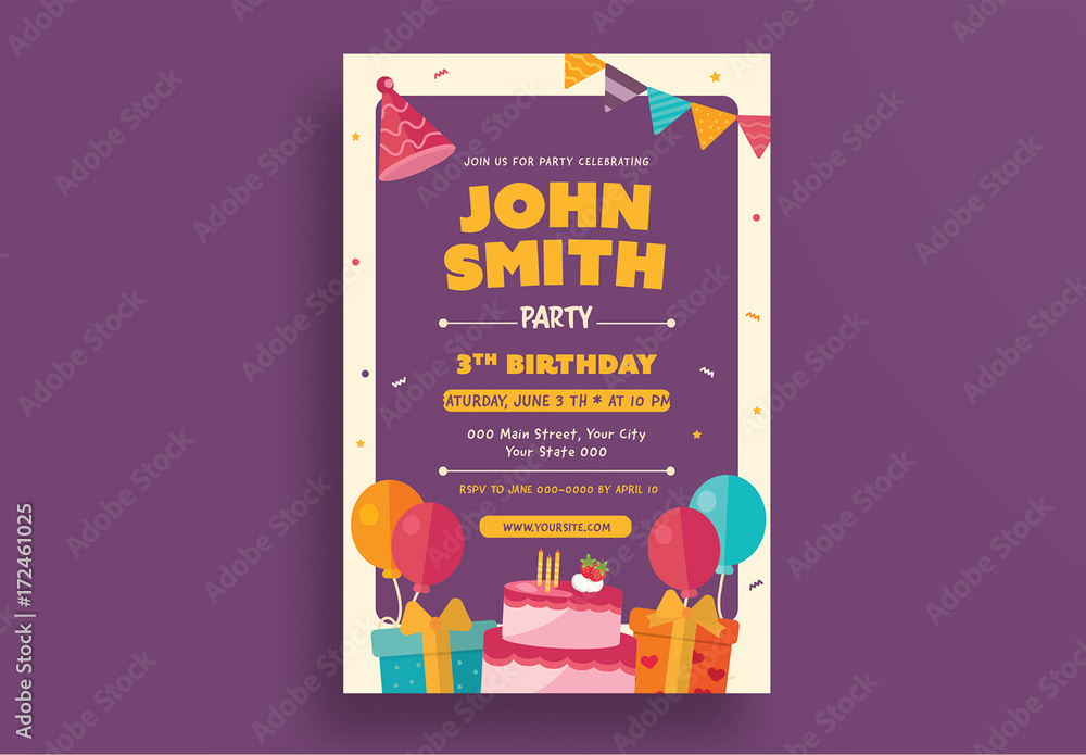 Birthday Party Invitation Layout 1 Stock Template | Adobe Stock