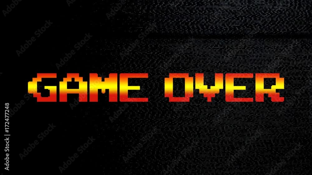 A game over screen (8 bit clean gradient style) with waves of static ...