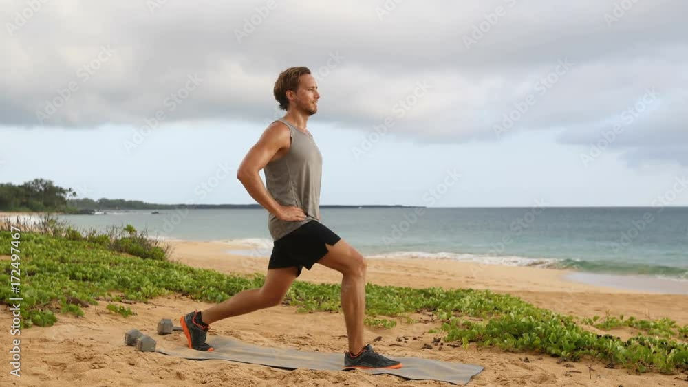 Fitness man doing Pulse Lunges exercise. Male fitness model doing Lunge ...