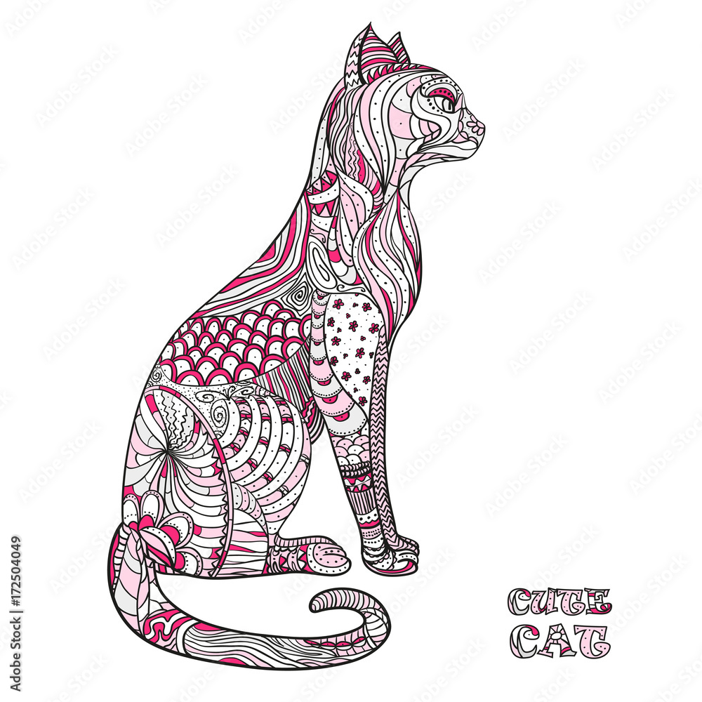 Cat. Design Zentangle. Hand drawn cat with abstract patterns on ...